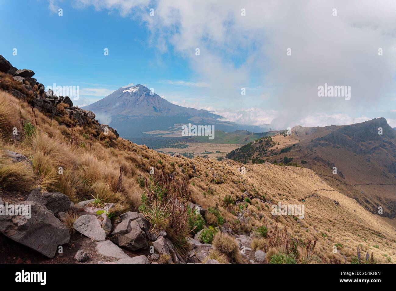 Popocatepetl volcano with a rocky hill in the foreground Stock Photo ...