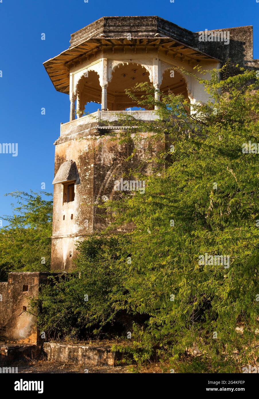Detail of upper part of Taragarh fort in Bundi town, typical medieval ...