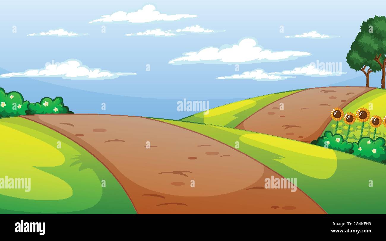 Blank nature park landscape at daytime scene with pathway through the meadow illustration Stock ...