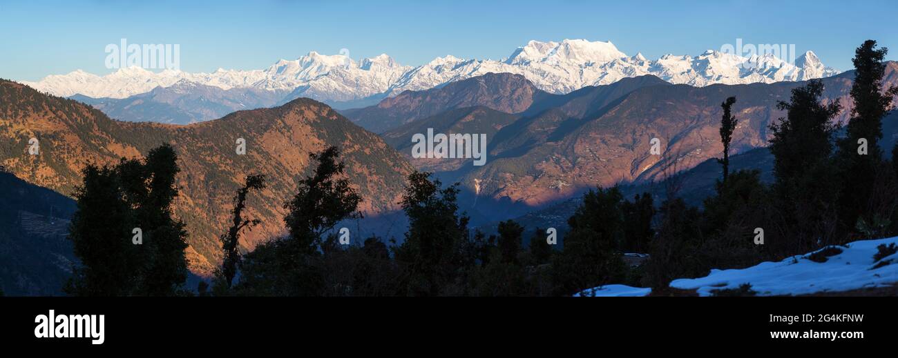 Morning panoramic view of mount Chaukhamba, Himalaya, panoramic view of ...