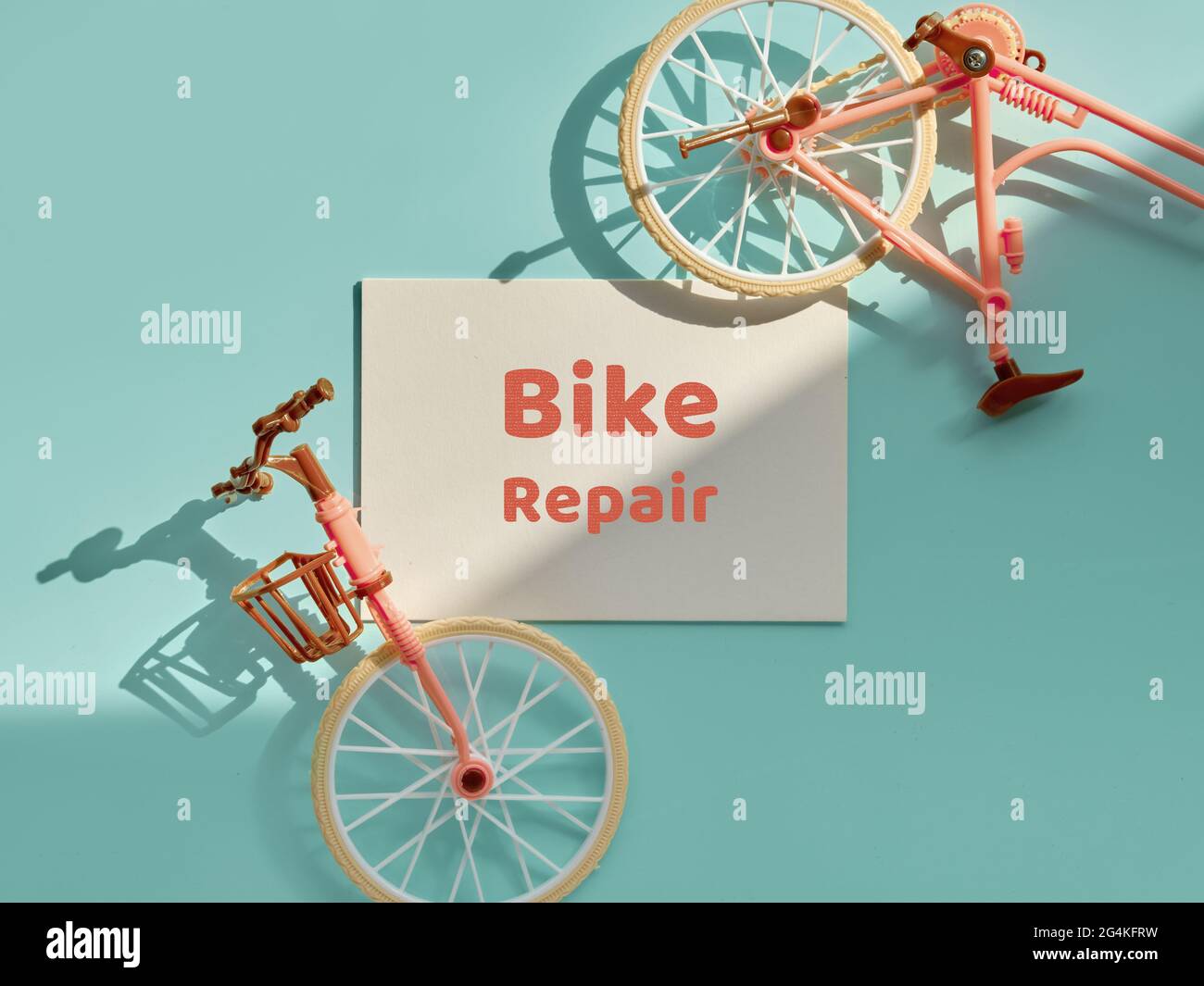 Bike repair workshop. Bicycle Repair flat lay with broken toy model ...