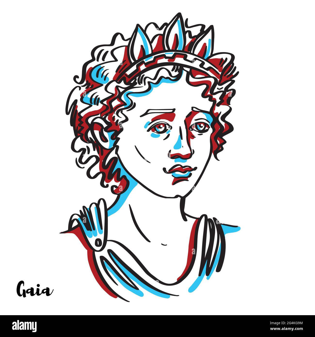 Gaia engraved vector portrait with ink contours on white background. In ...