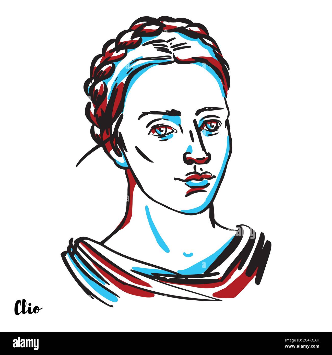 Clio engraved vector portrait with ink contours on white background. In ...
