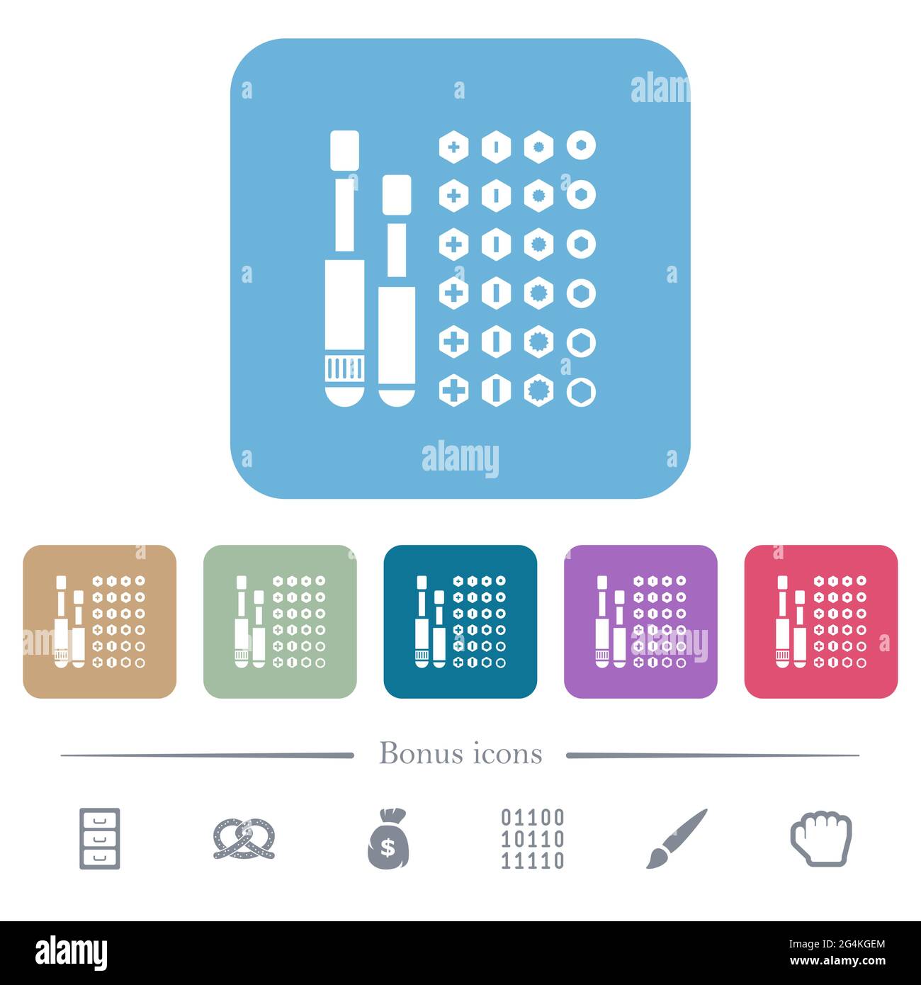 Set of screwdriver bits white flat icons on color rounded square ...