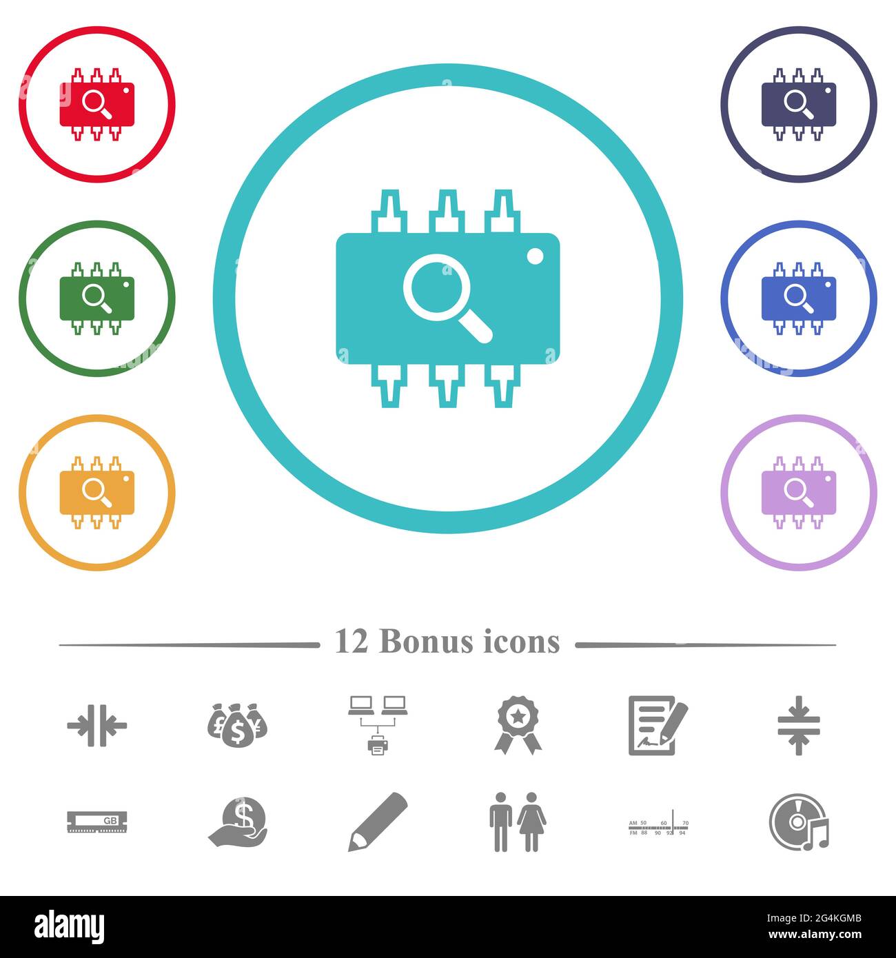 Hardware test flat color icons in circle shape outlines. 12 bonus icons ...