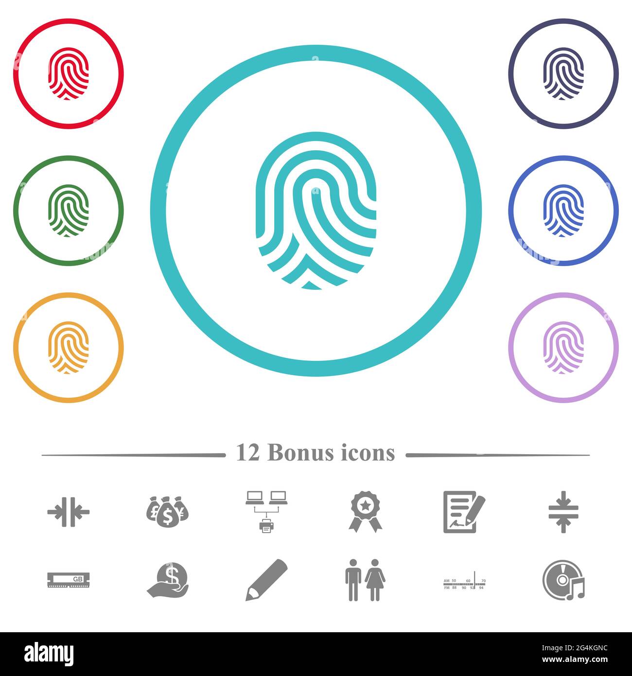 Fingerprint flat color icons in circle shape outlines. 12 bonus icons ...