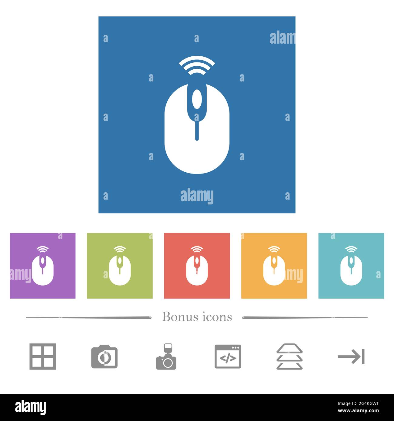 Wireless computer mouse flat white icons in square backgrounds. 6 bonus ...