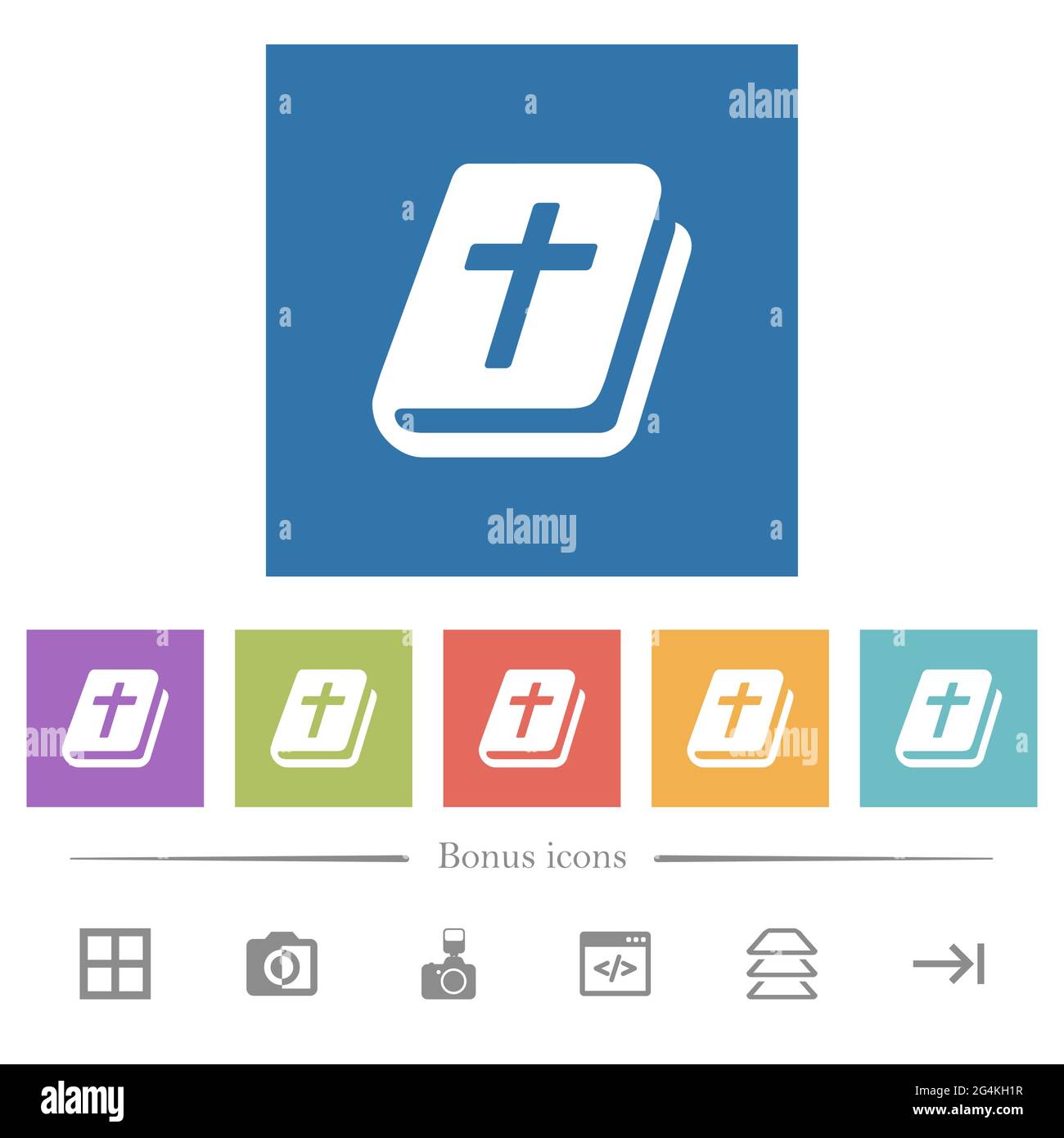 Holy bible flat white icons in square backgrounds. 6 bonus icons ...