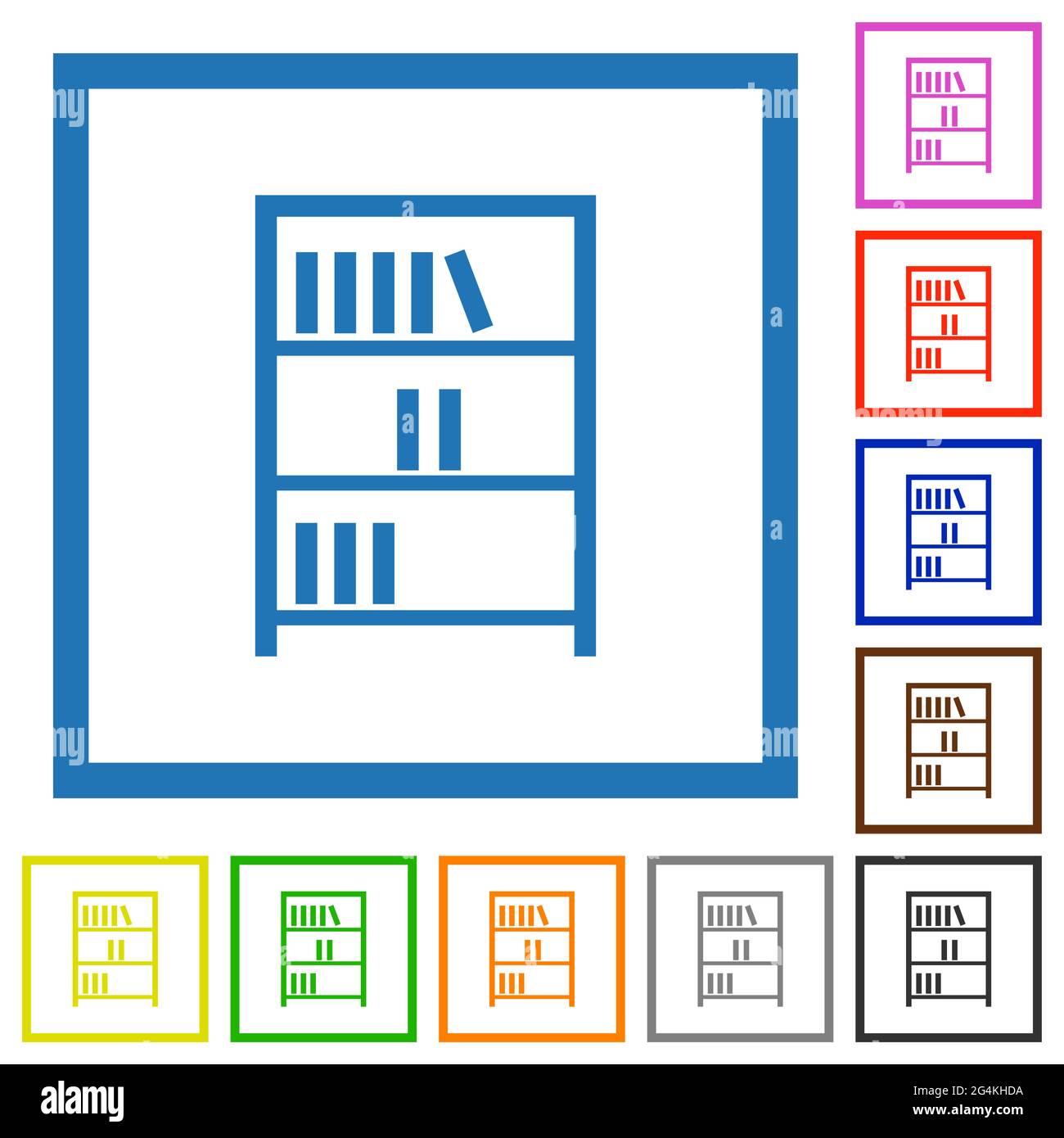 Bookshelf with books outline flat color icons in square frames on white ...
