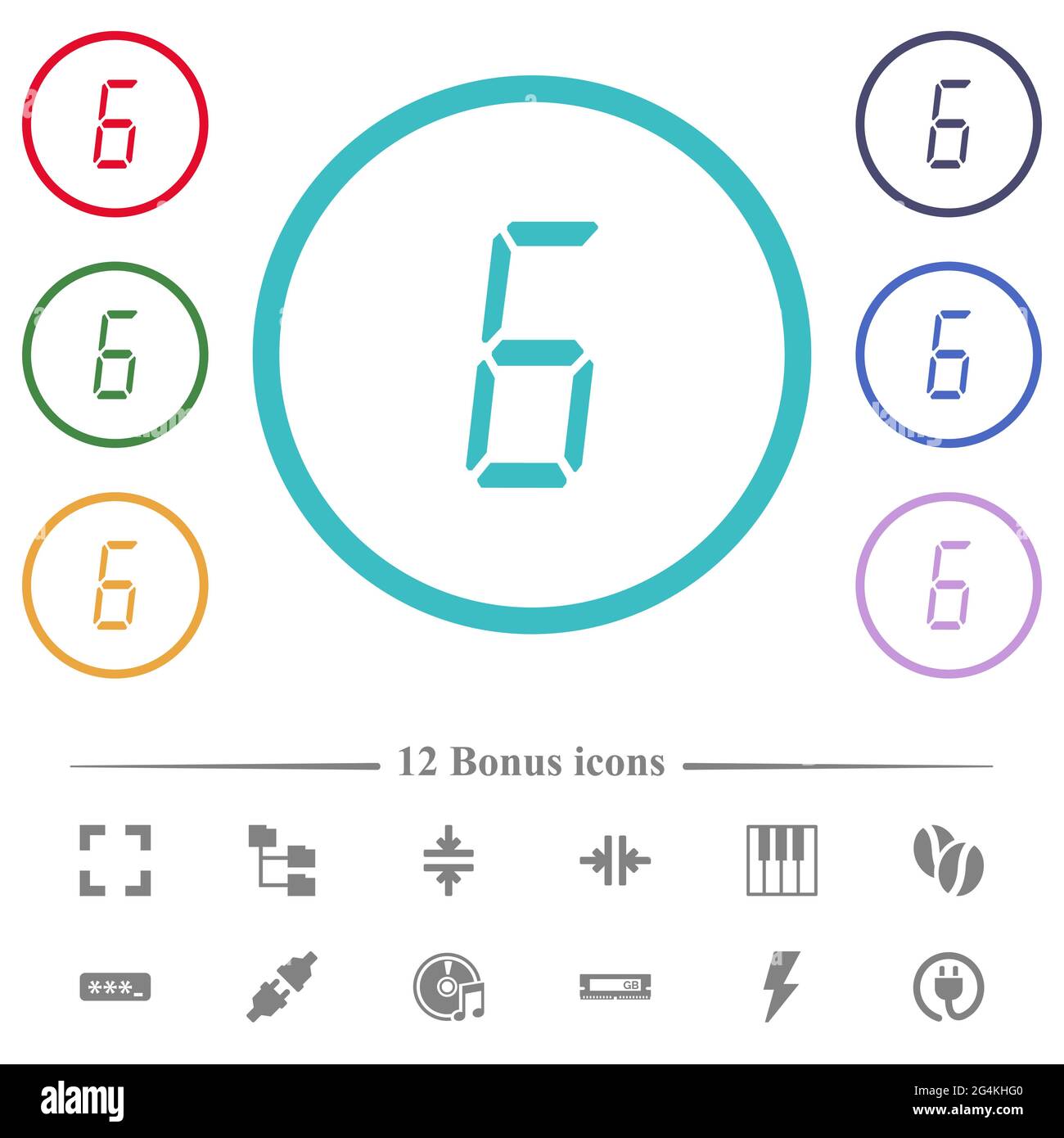digital number six of seven segment type flat color icons in circle ...