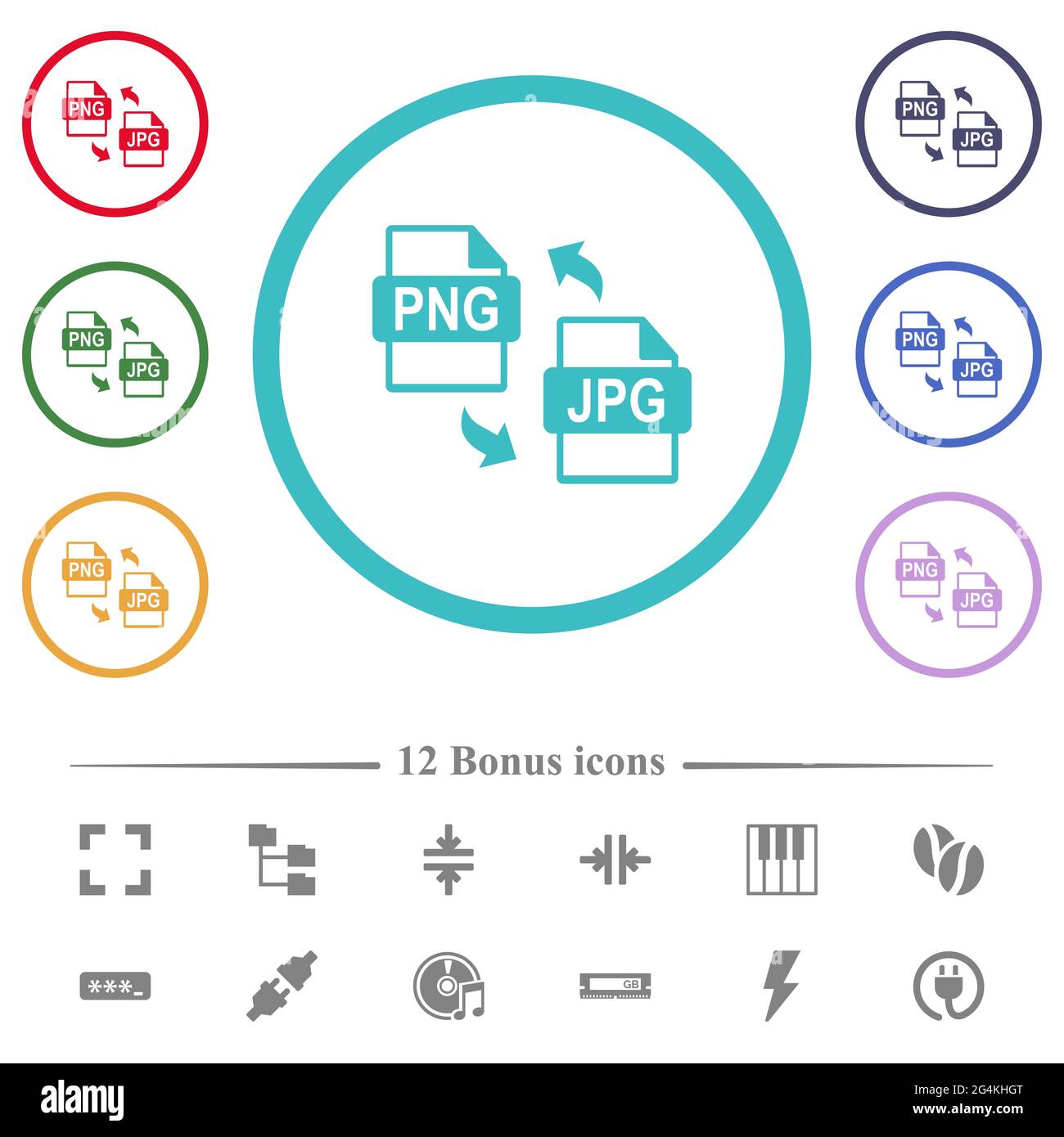 PNG JPG file conversion flat color icons in circle shape outlines. 12 ...