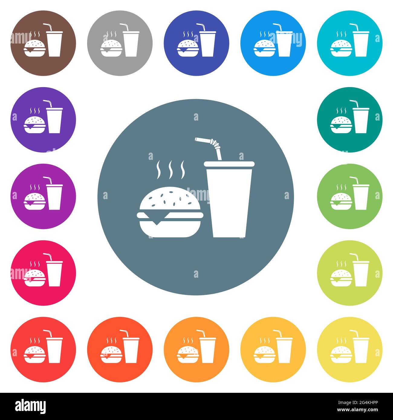 Fast food menu with cheeseburger and drink flat white icons on round ...