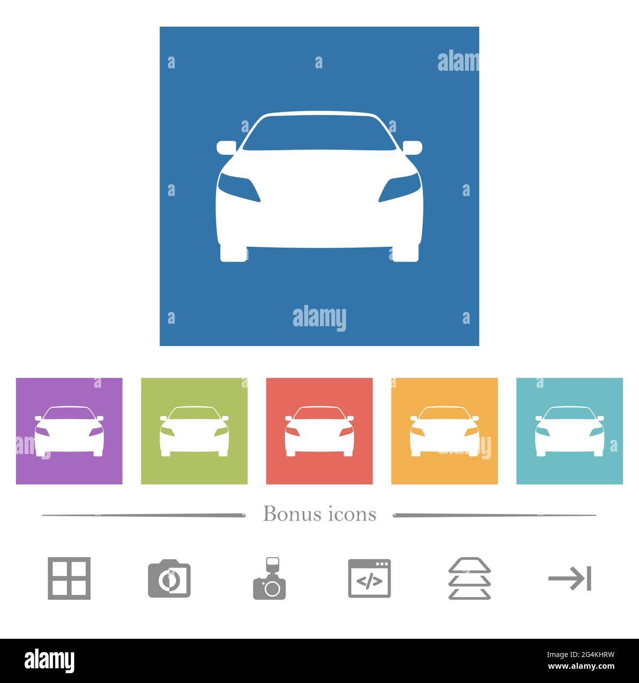 Sport car front view flat white icons in square backgrounds. 6 bonus ...
