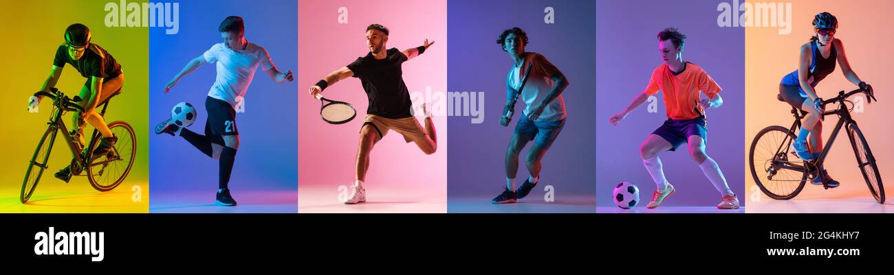 Collage of different professional sportsmen, fit people in action and ...