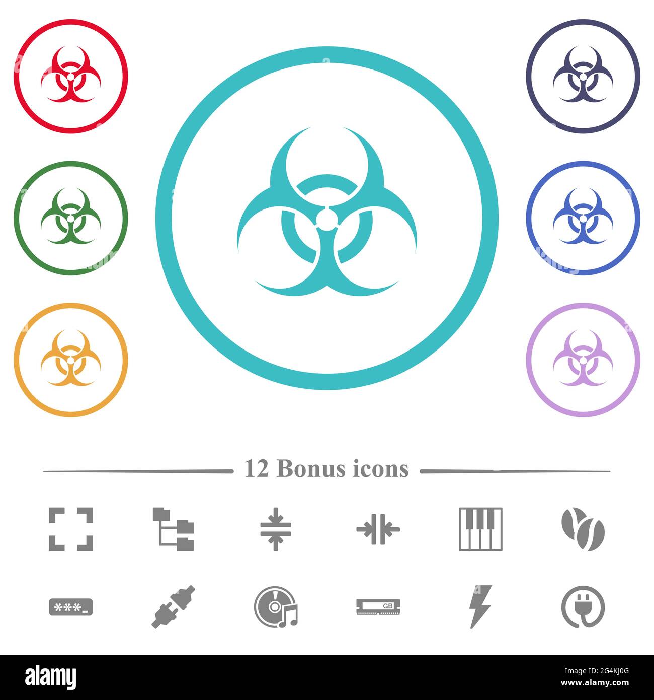 Biohazard sign flat color icons in circle shape outlines. 12 bonus ...