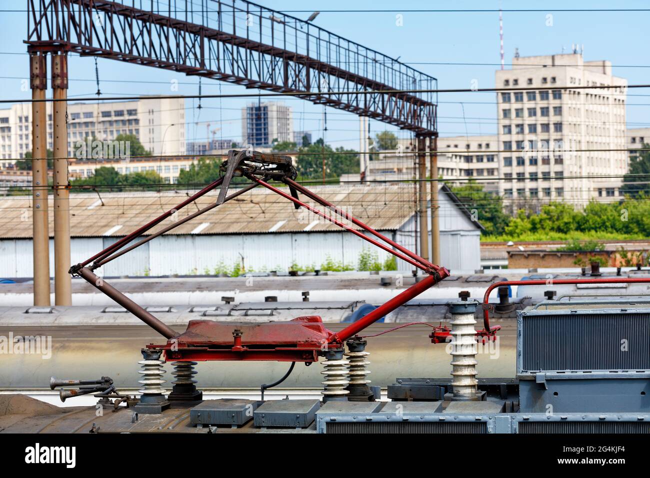 Terminal connector on the roof of an old electric train against the ...