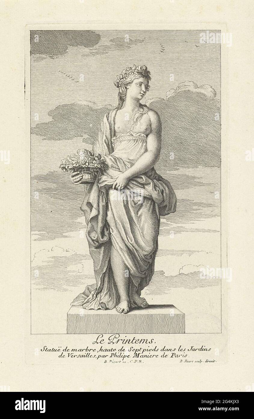 . Statue in Versailles Gardens. Spring female personification, a basket ...