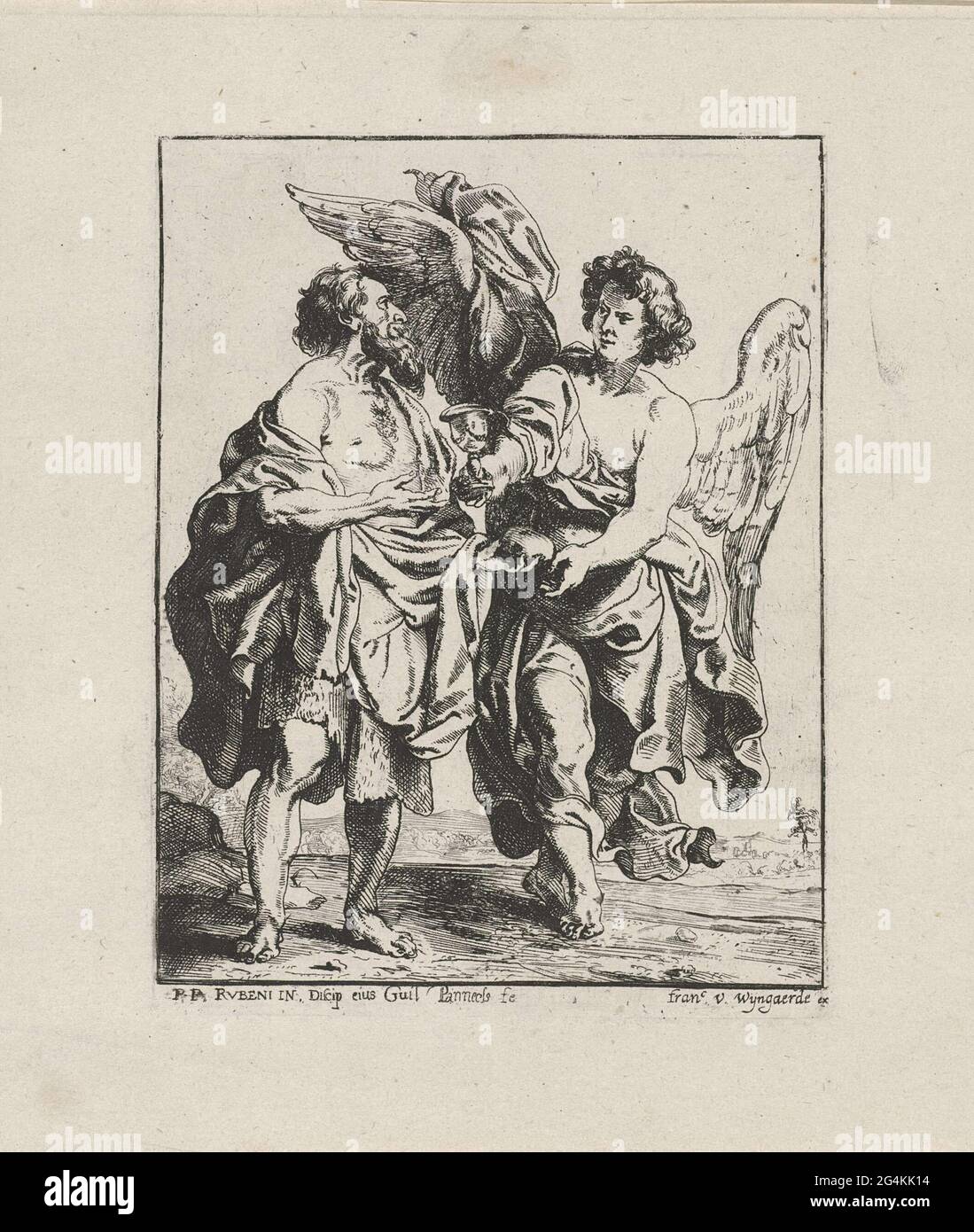 . Landscape with Elijah and an angel who hands him a piece of bread and ...