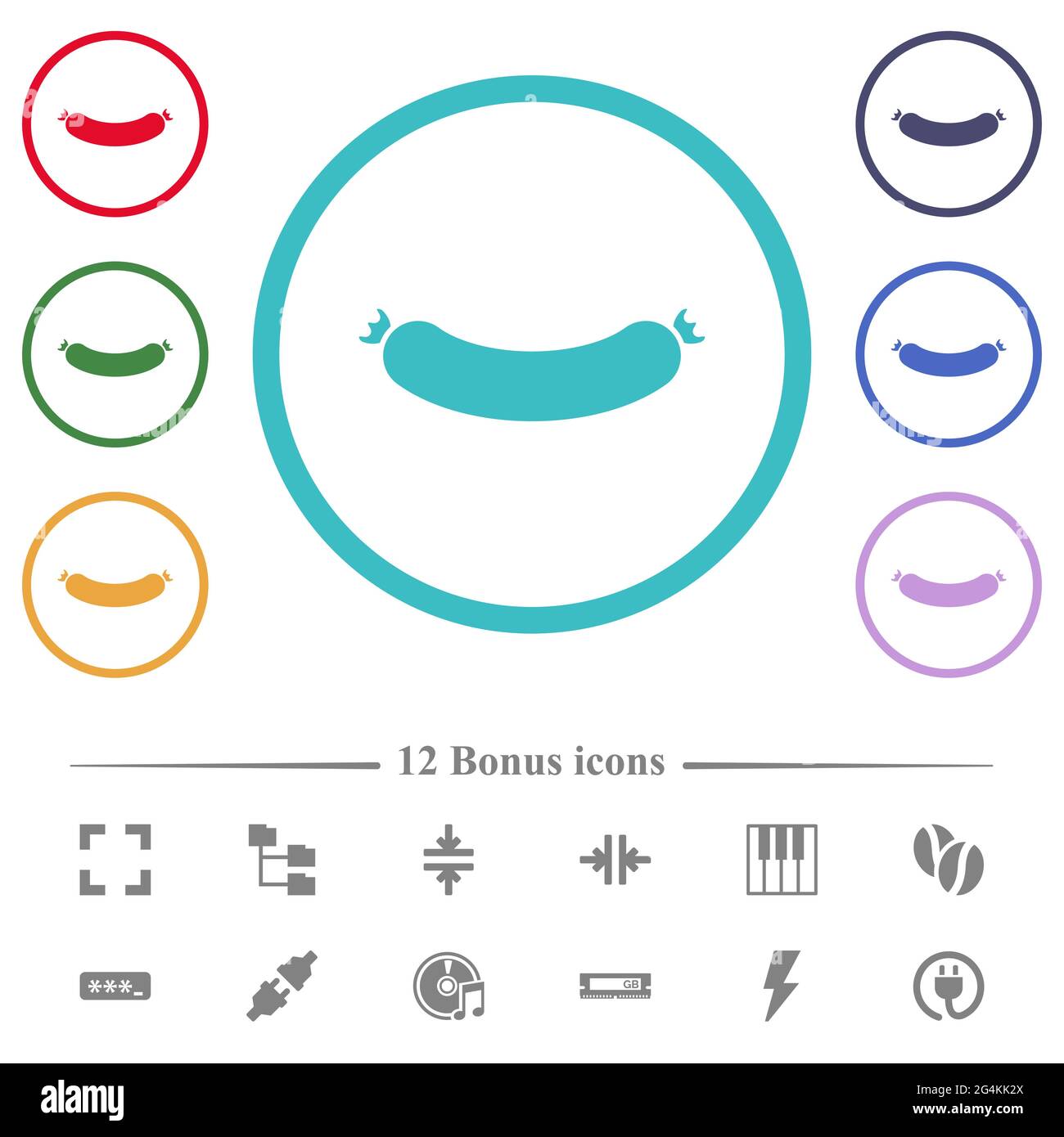 Sausage flat color icons in circle shape outlines. 12 bonus icons ...