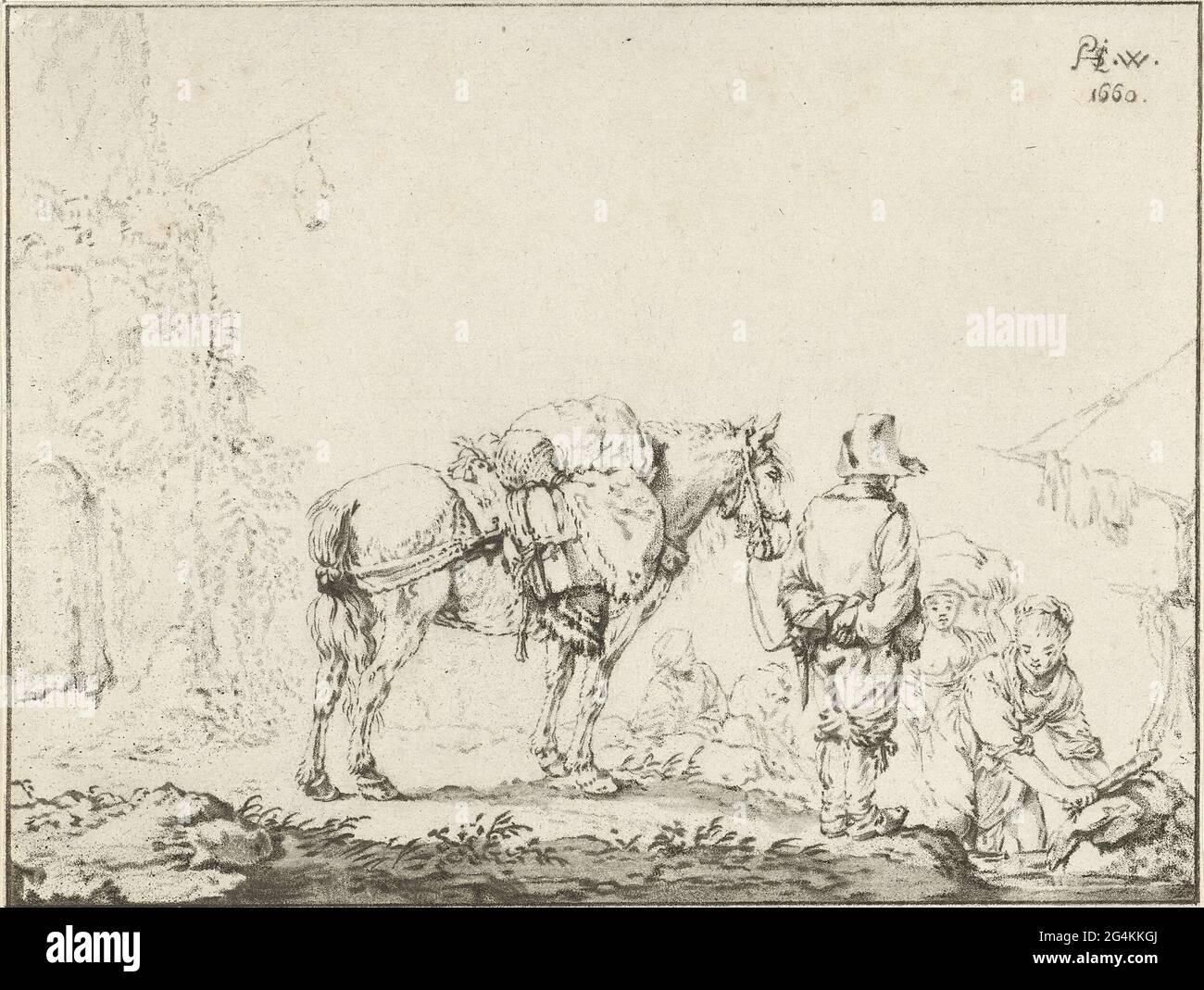 . A man, holds the reins of his horse while he is at a woman who does ...