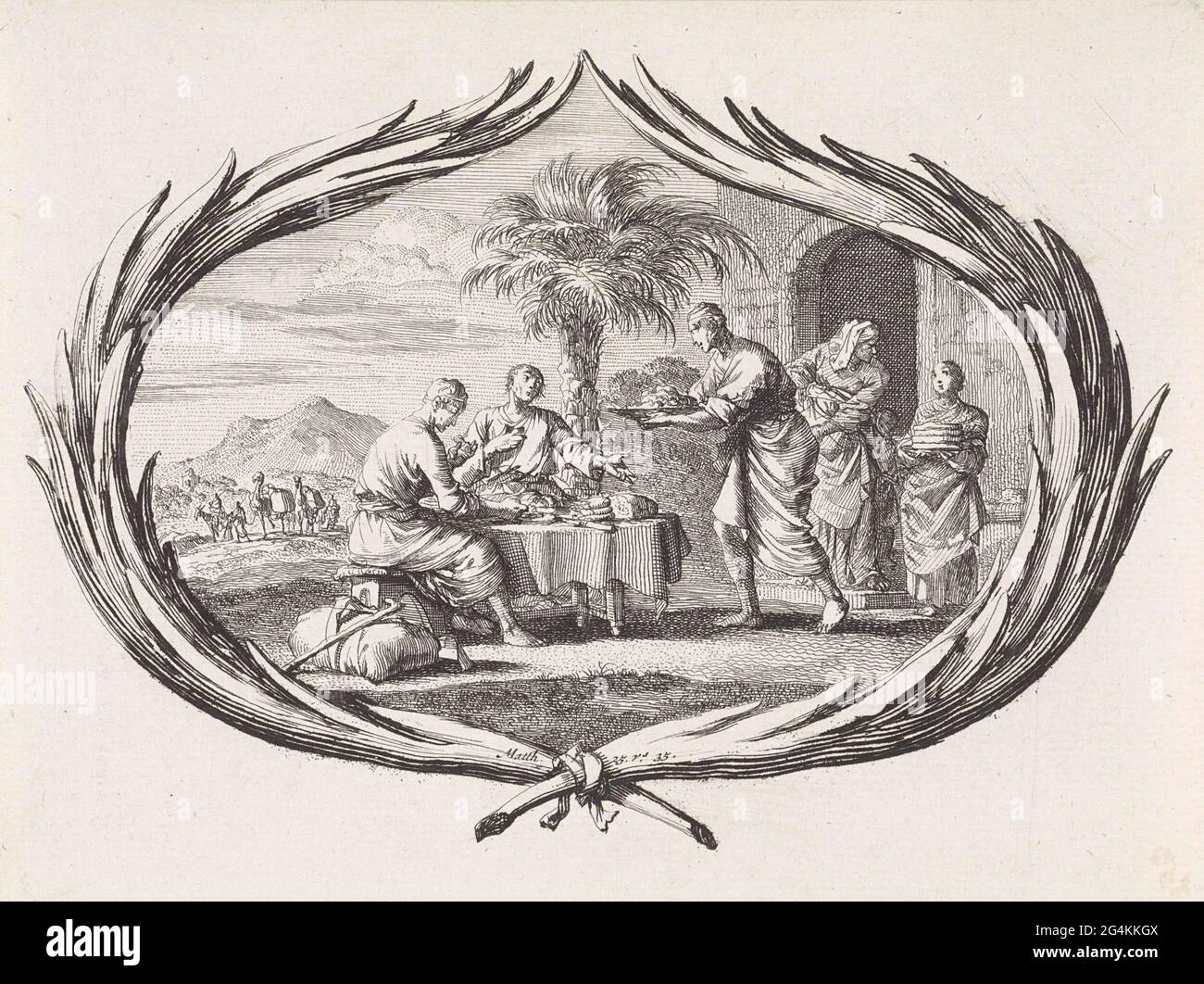 . A performance in a cartouche of palm branches. There are two ...