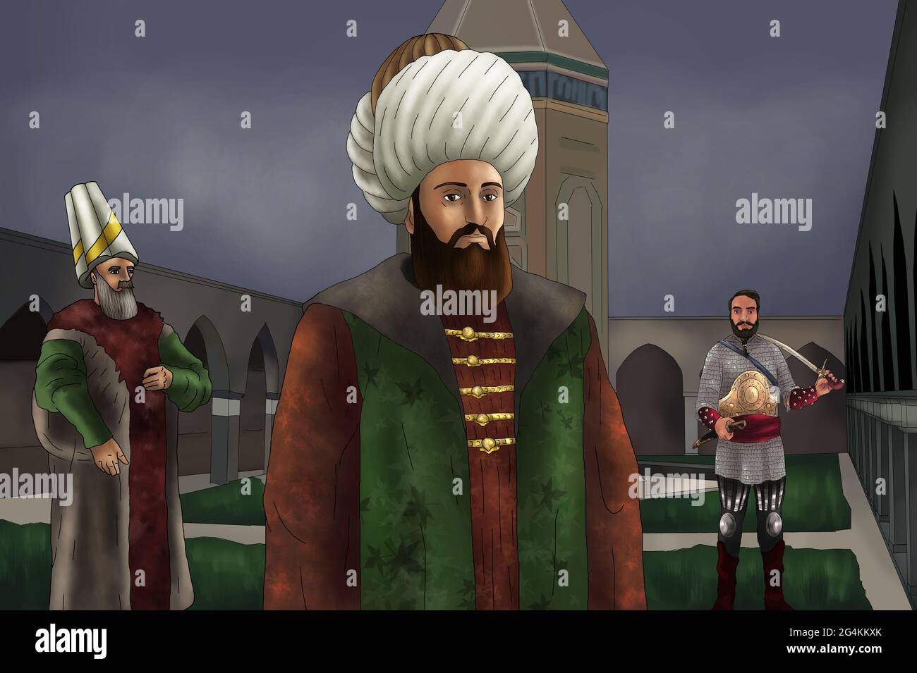 sultan, vizier and soldier in the palace courtyard Stock Photo - Alamy