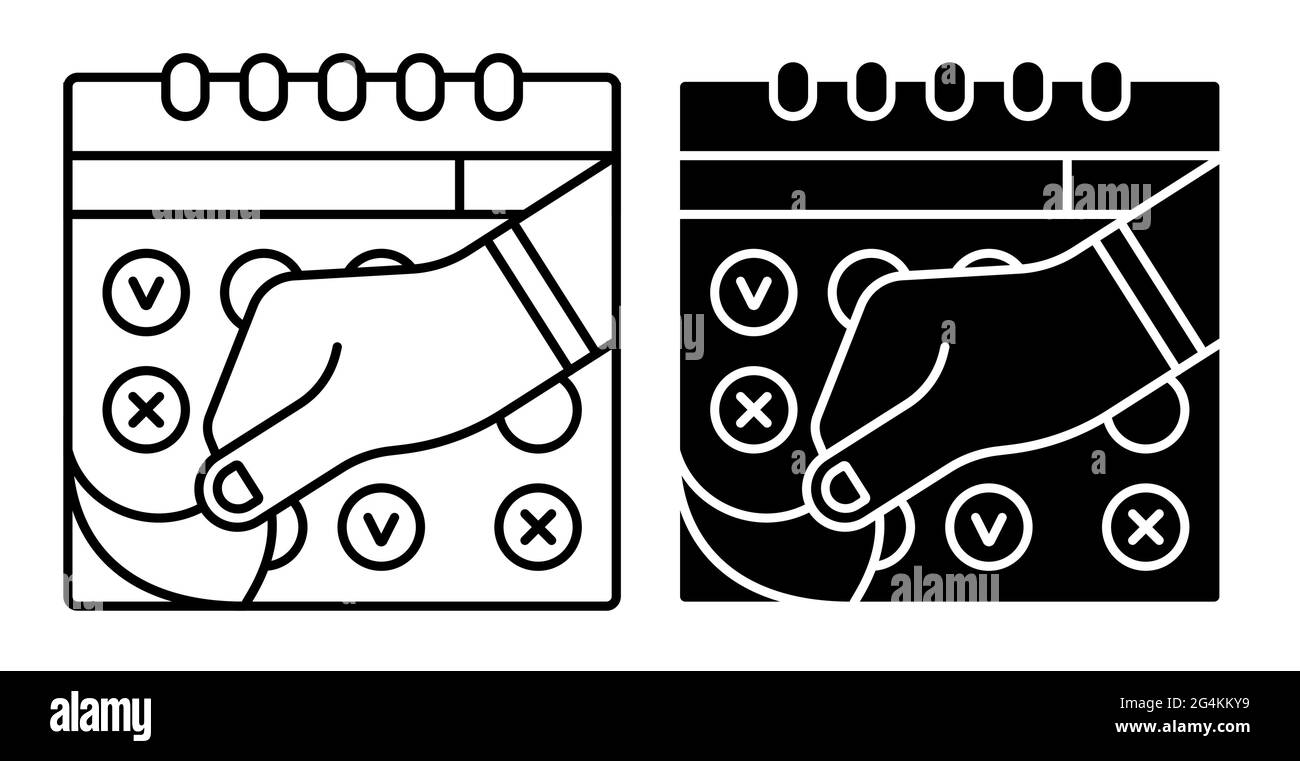 Male hand tearing sheet of wall calendar icon. Marking days of week ...