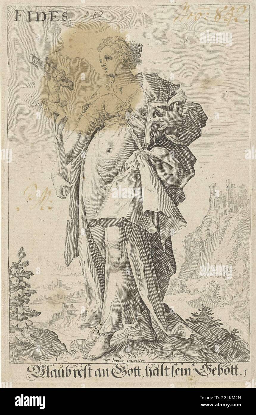 . The personified faith; A women's figure with a crucifix and a Bible ...