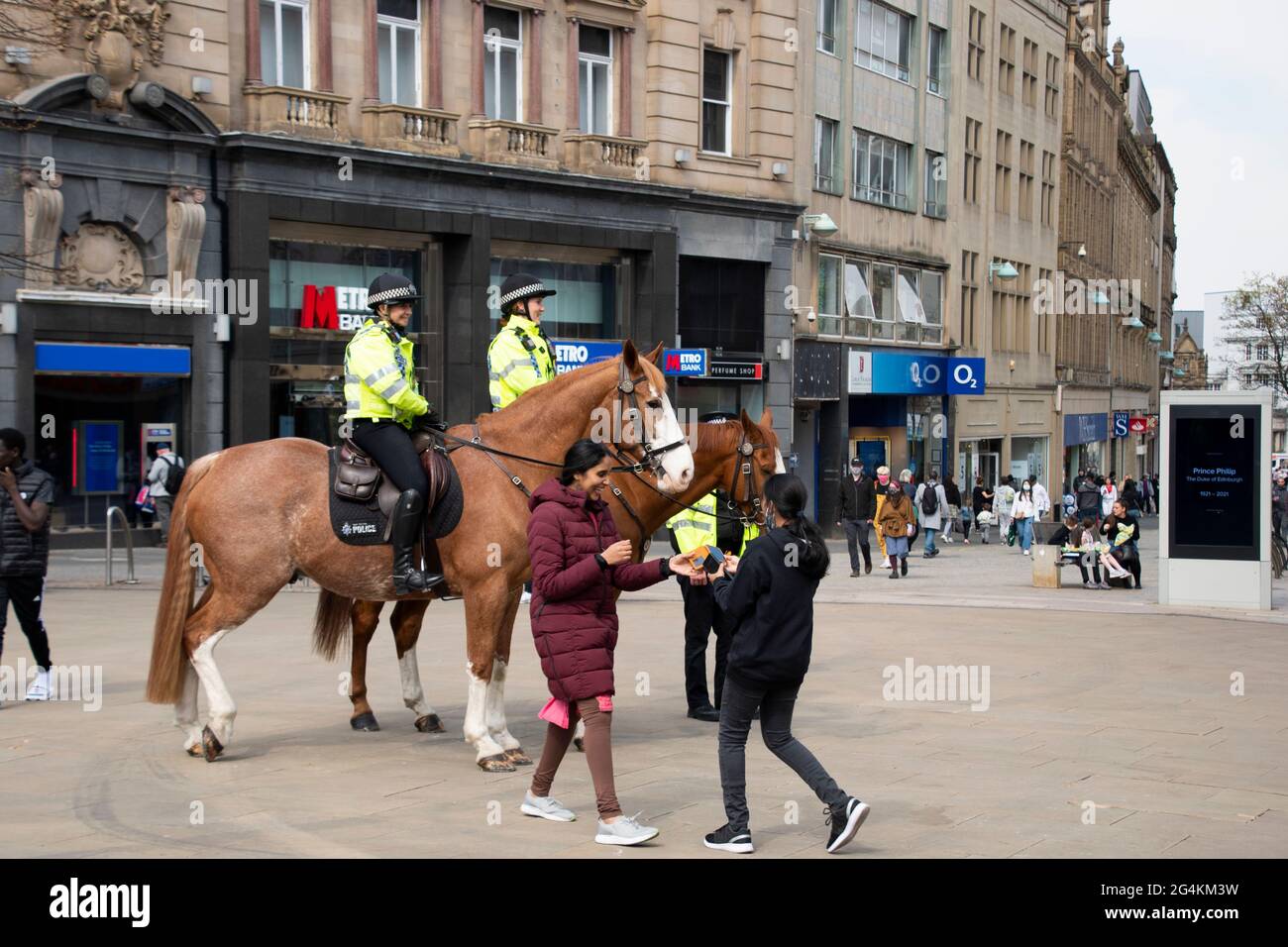 Sheffield UK: 17th April 2021: To women happily take photographs posing ...