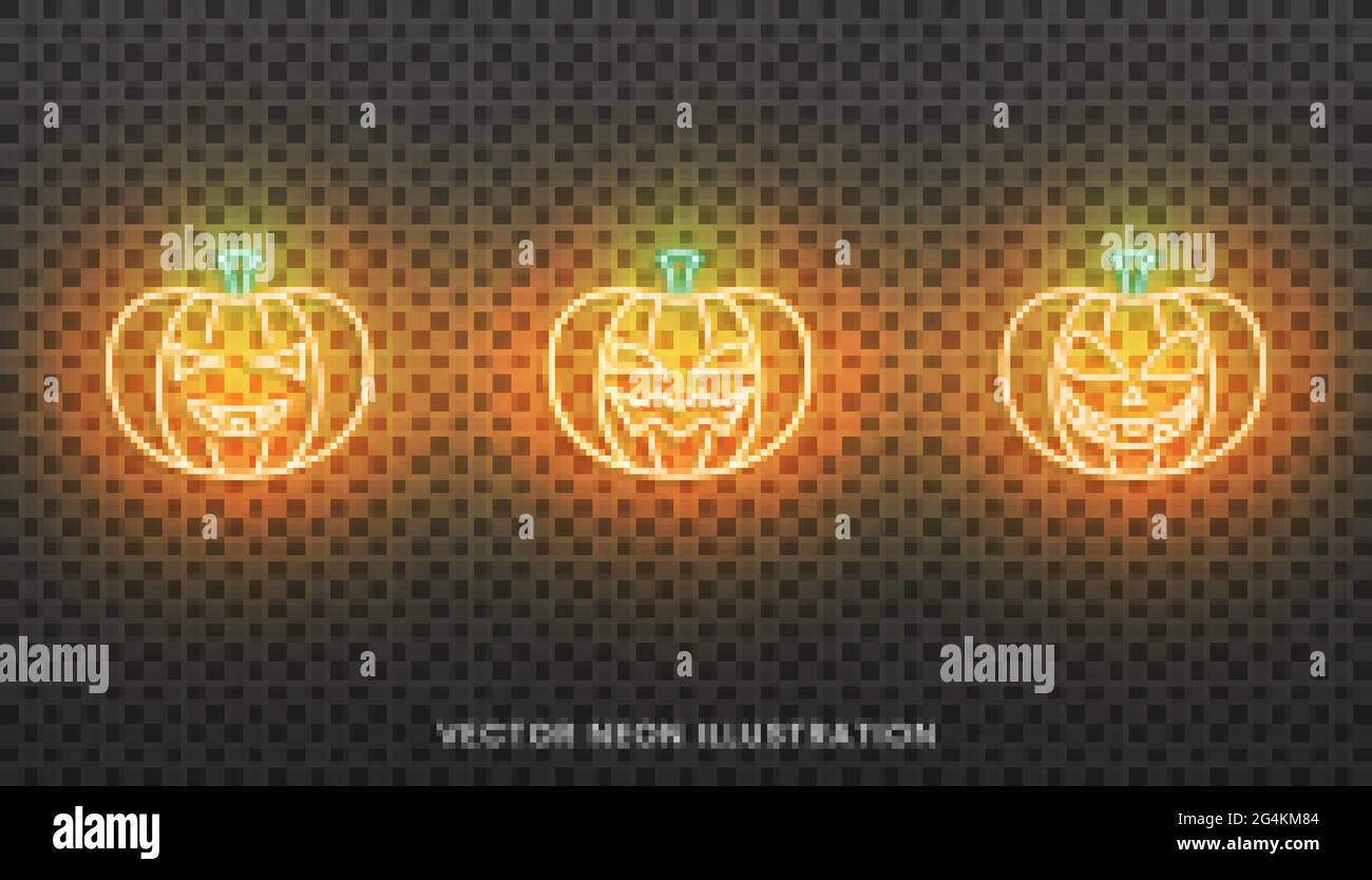 Halloween pumpkin neon sign. Set of bright Jack O Lantern for Halloween ...