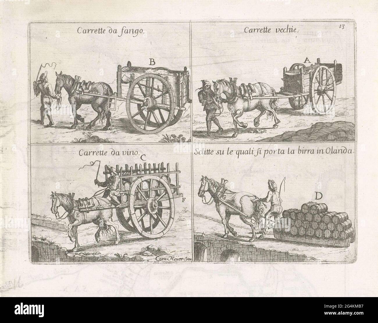 . Four different carts drawn by a horse. Above left a cart that is ...