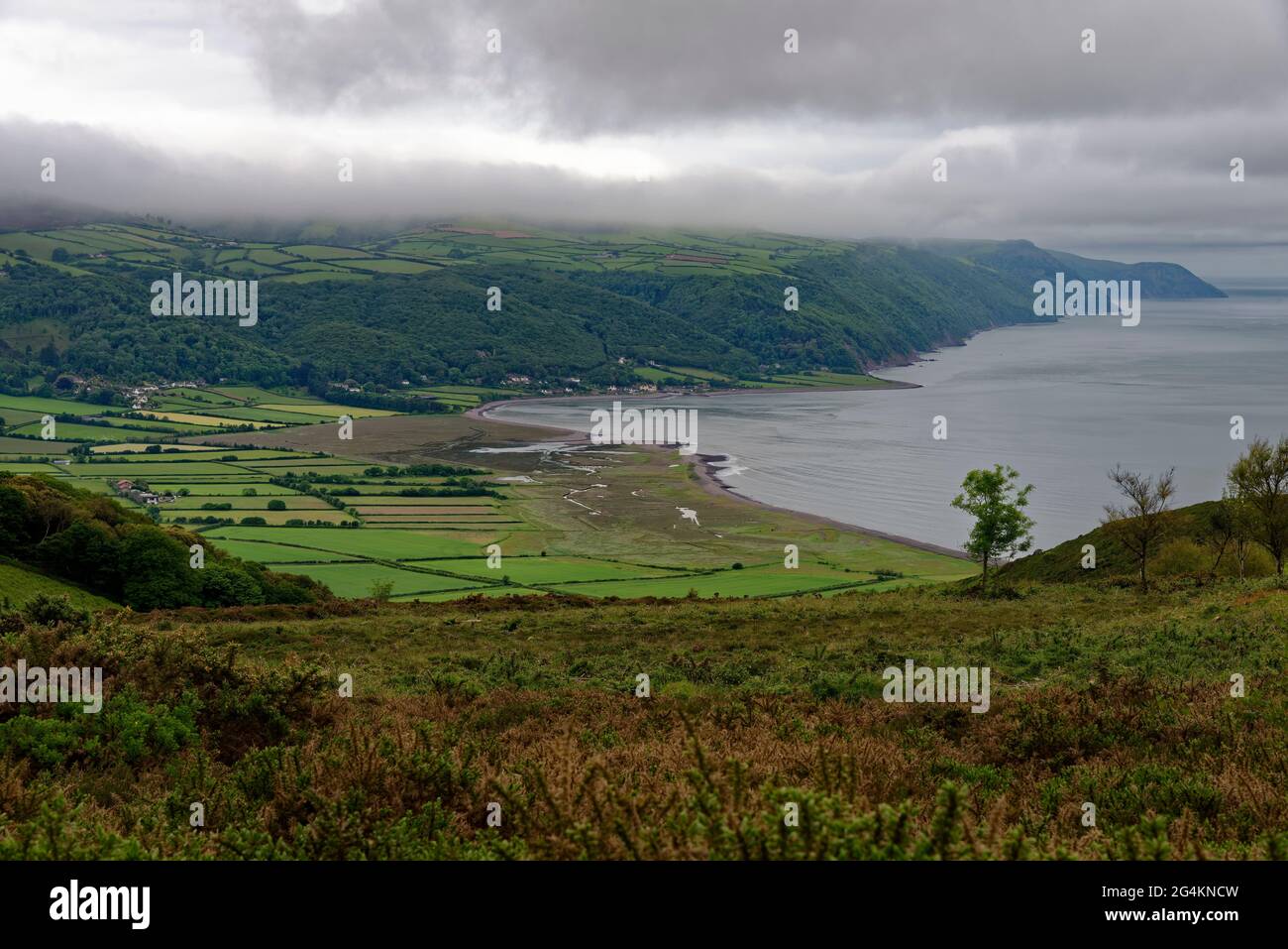 Porlock Marsh & Bay at hugh tide with Low Cloud on Culbone Hill, Exmoor ...