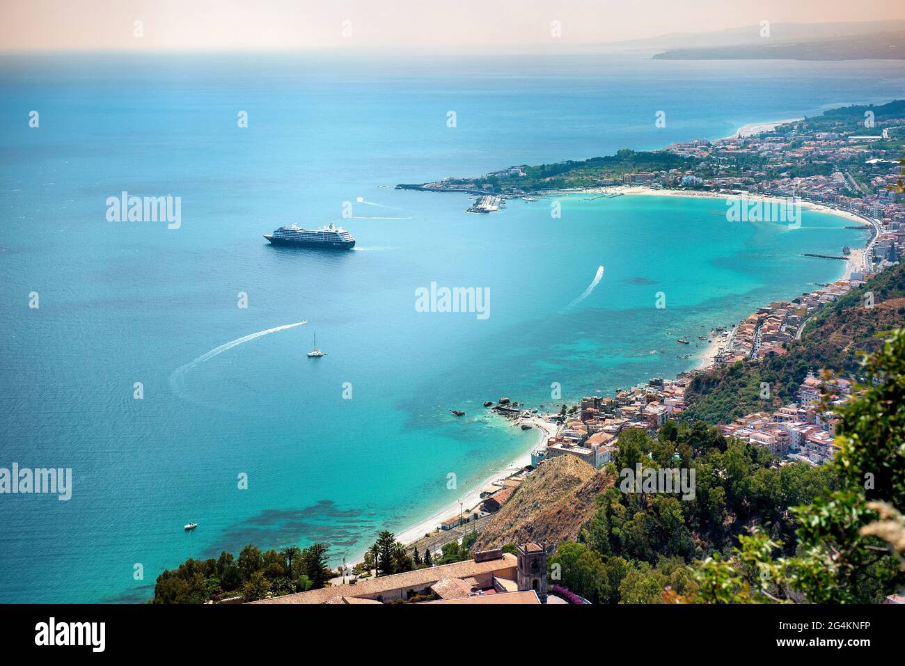 Cruise ship on the Mediterranean sea in front Taormina, Sicily, Italy ...