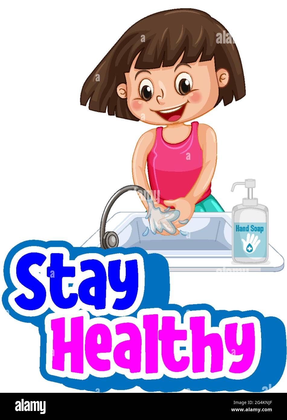 Stay Healthy font with a girl washing hands with water isolated ...