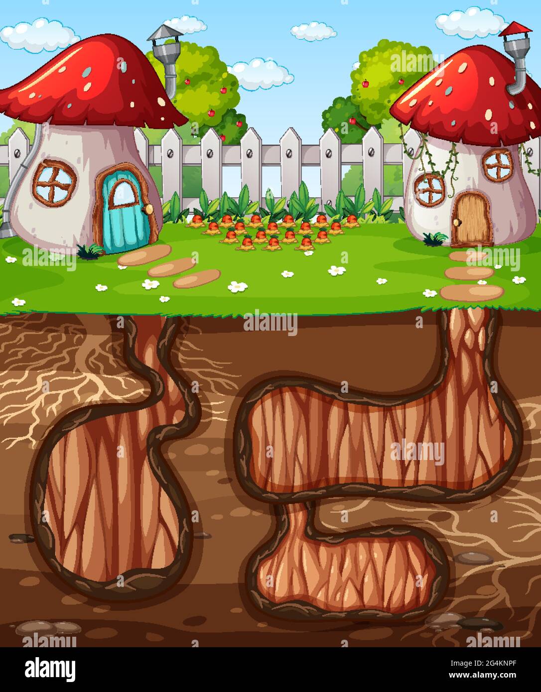 Underground animal hole with ground surface of the garden scene ...