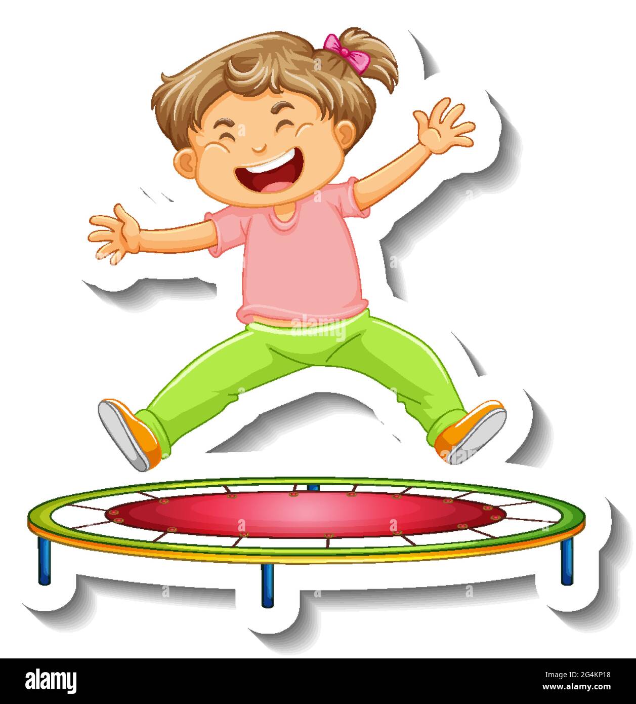 Sticker template with a little girl jumping on trampoline cartoon ...