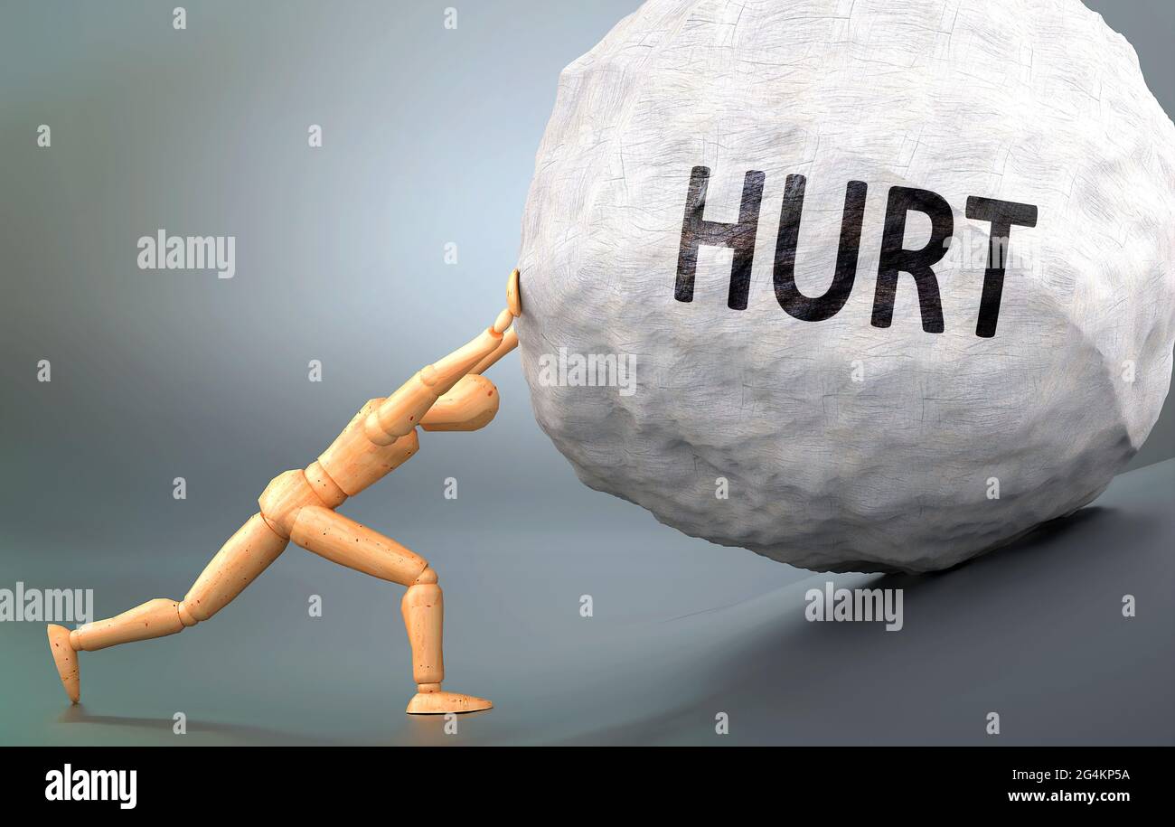 Hurt and painful human condition, pictured as a wooden human figure ...