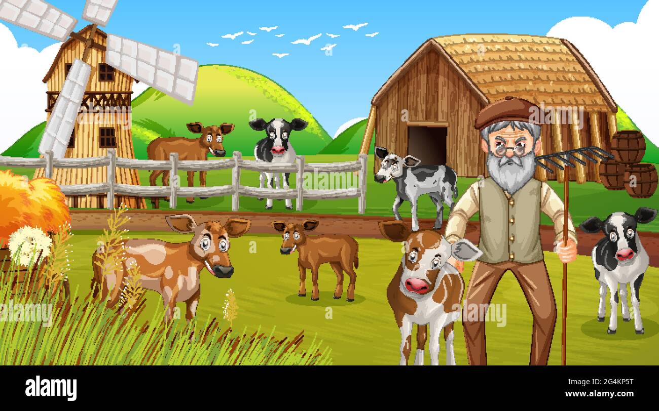 Farm at daytime scene with old farmer man and farm animals illustration ...