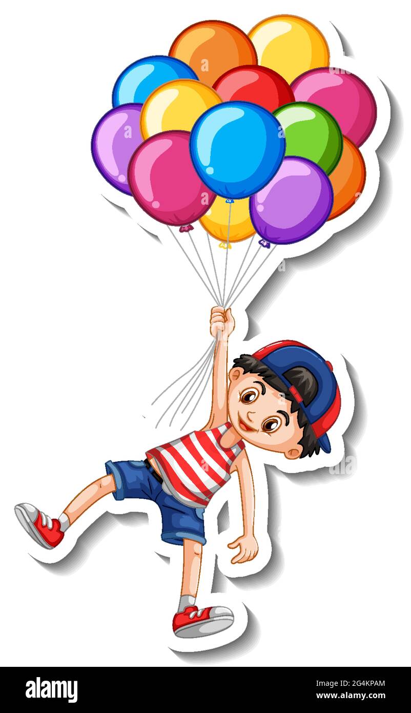 Sticker template with a boy flying with many balloons isolated ...