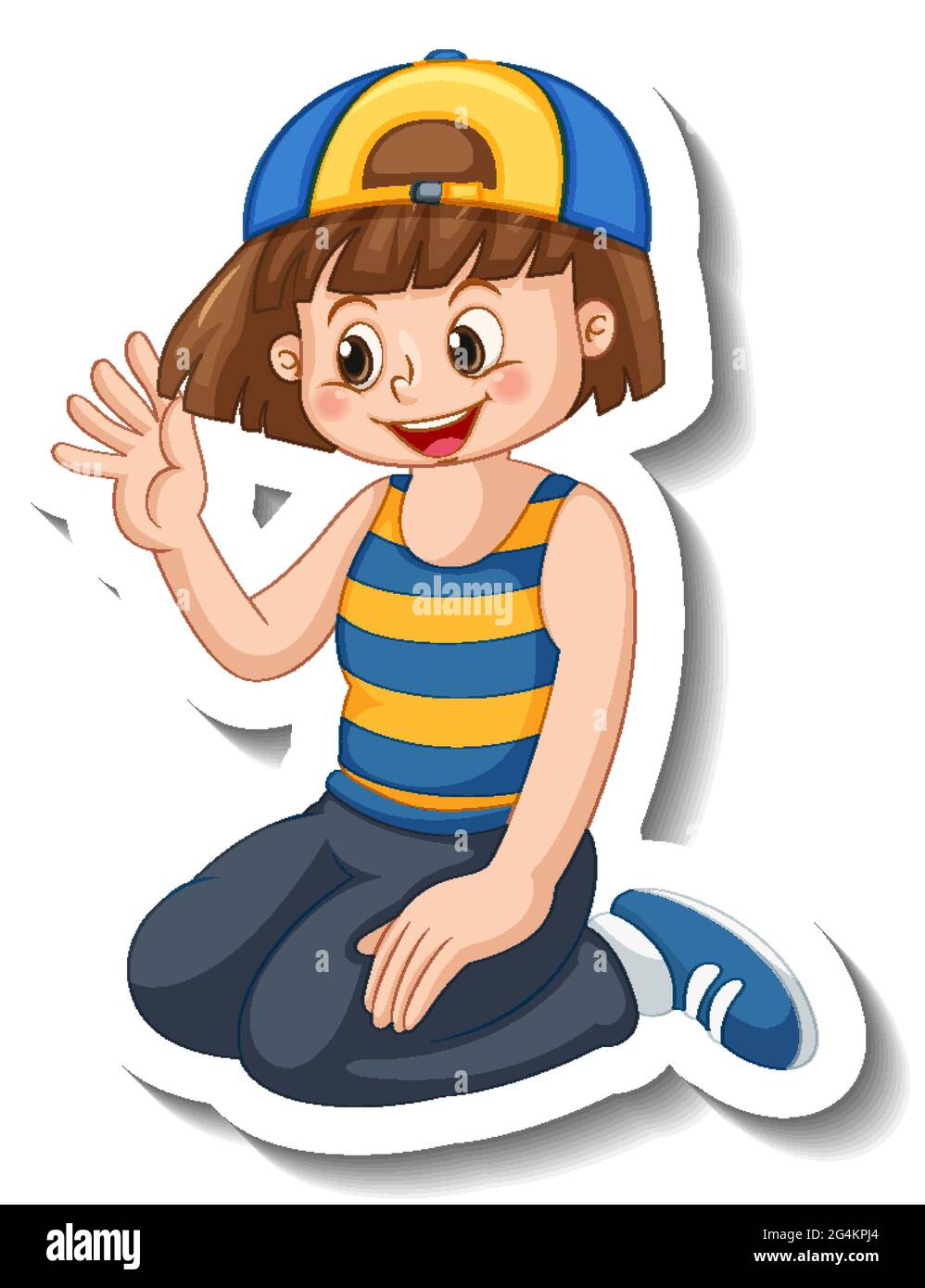 Sticker template with a happy girl wears cap cartoon character isolated ...