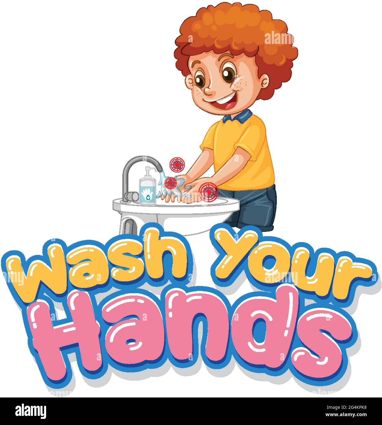 Wash your hands font design with a boy washing his hands on white ...
