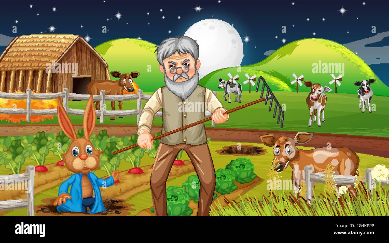Farm at night scene with old farmer man and farm animals illustration ...