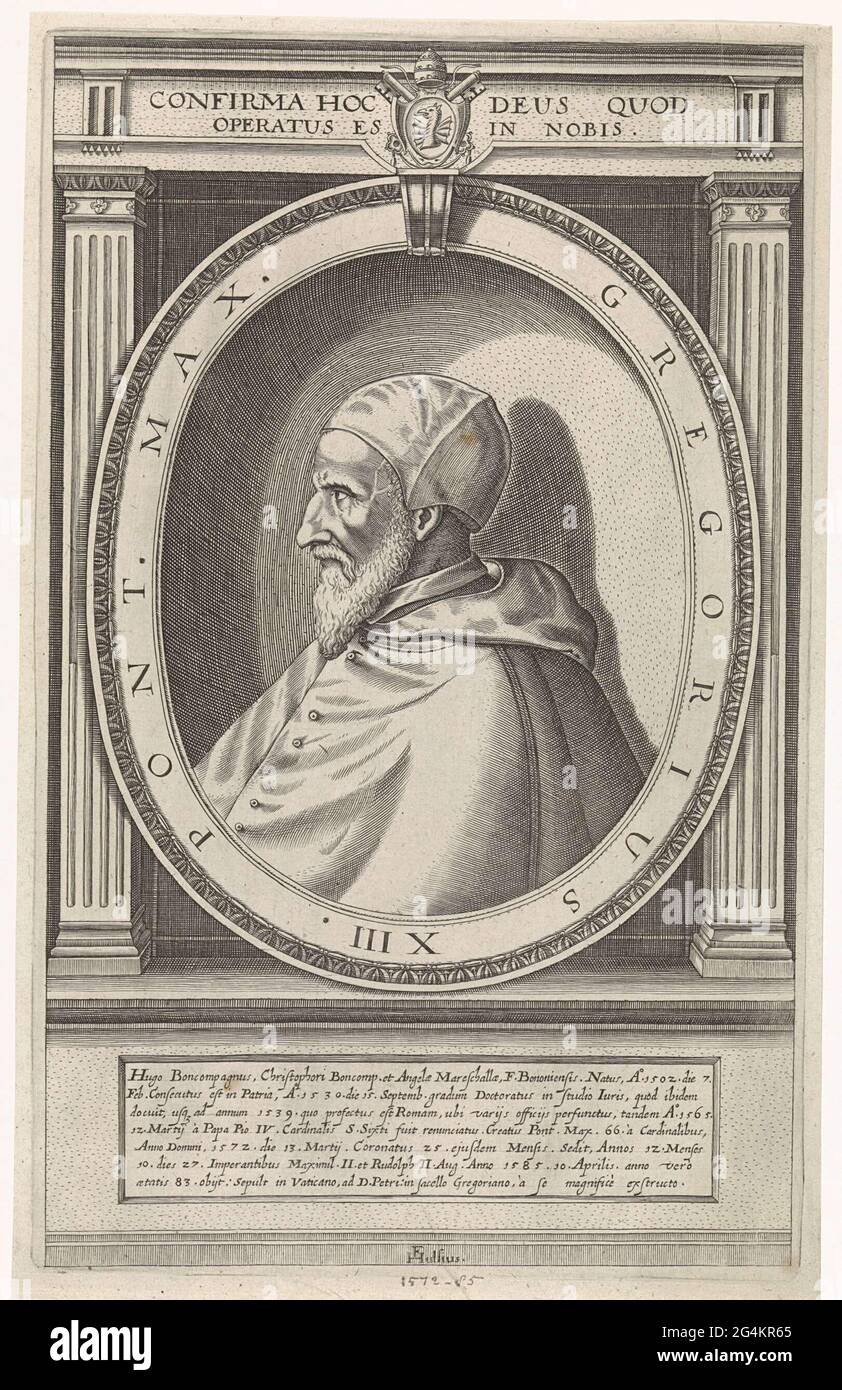 . Portrait of Pope Gregory XIII dressed in the papal robe, headed the ...