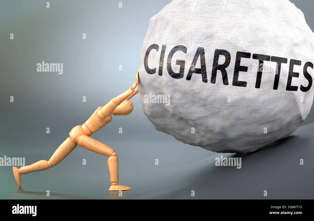Cigarettes and painful human condition, pictured as a wooden human ...