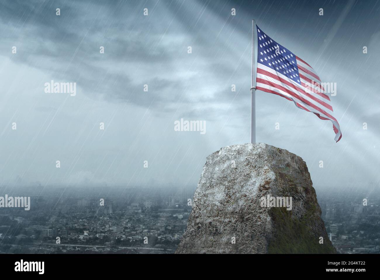 American flag waving in the air with rainy scene background. Fourth of ...