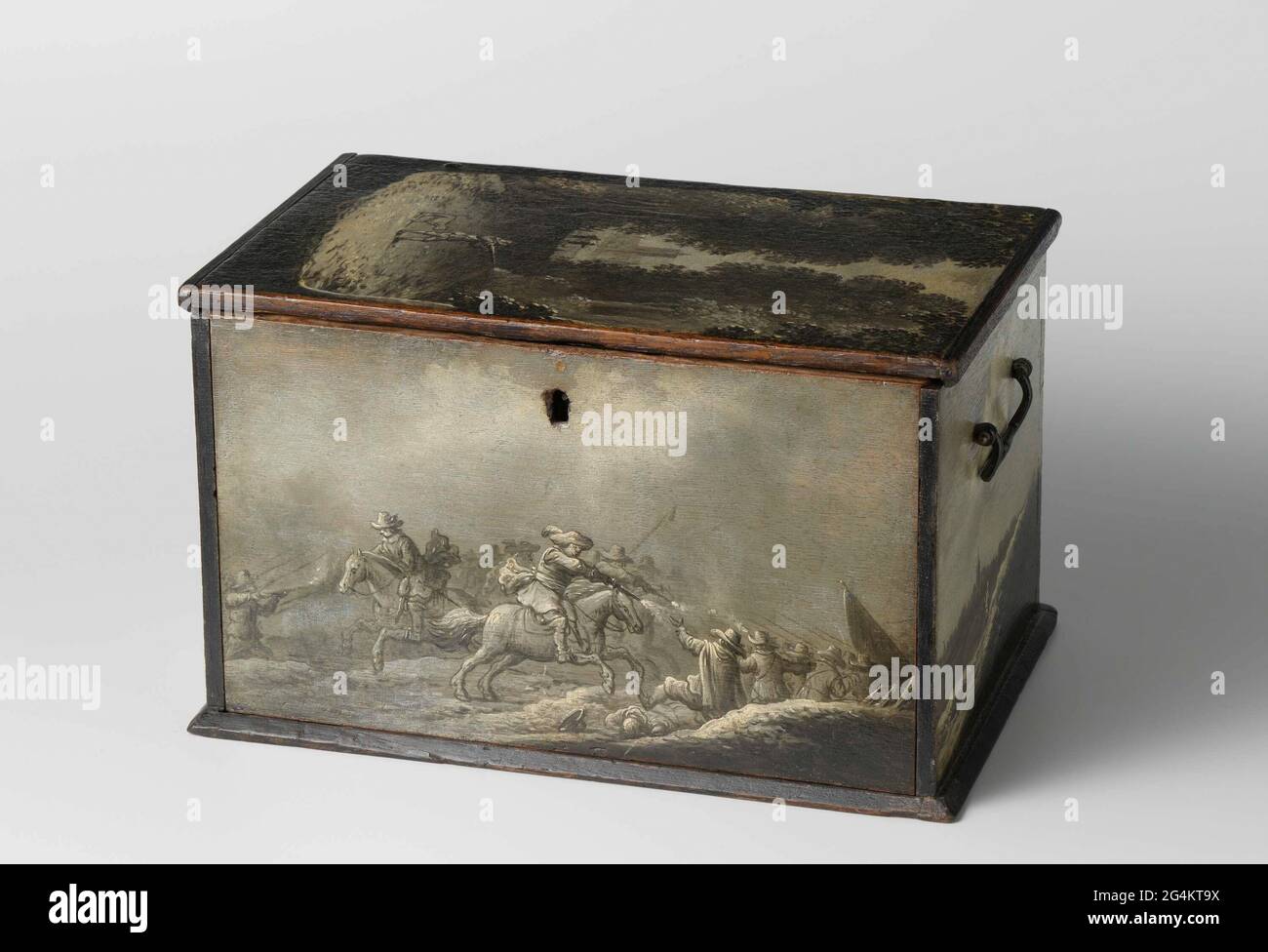. Oak black painted painting box, mounted from inside or lined with red ...