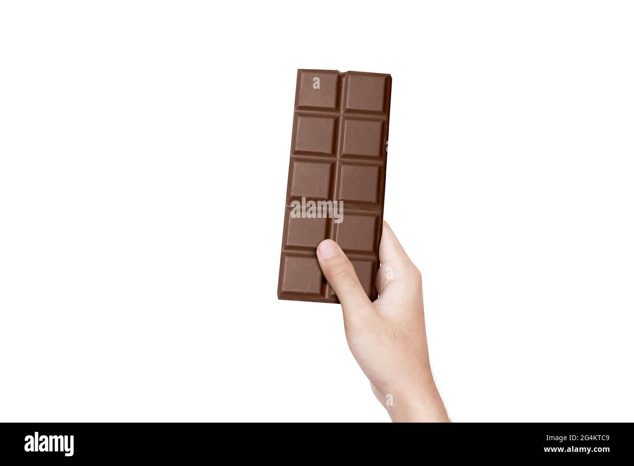 Human hand holding chocolate bar isolated over white background Stock ...