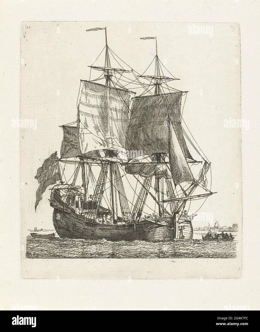 . A three-master with flag. On the right, a sloop can be seen with ...