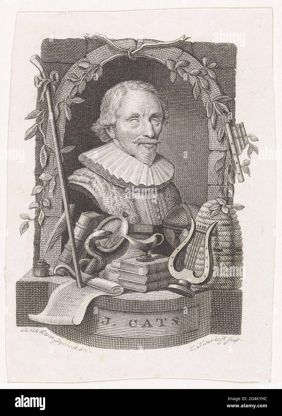 . Bust of Jacob Cats, to the right, standing in a niche. There are ...