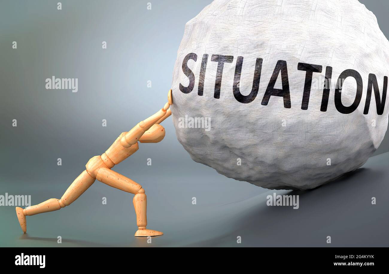 Situation and painful human condition, pictured as a wooden human ...